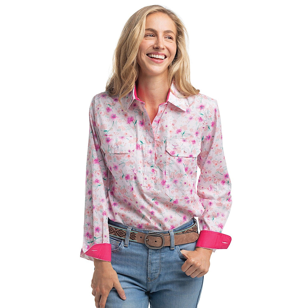 Buy Just Country Womens Georgie Half Button Print Work Shirt - Hot Pink ...