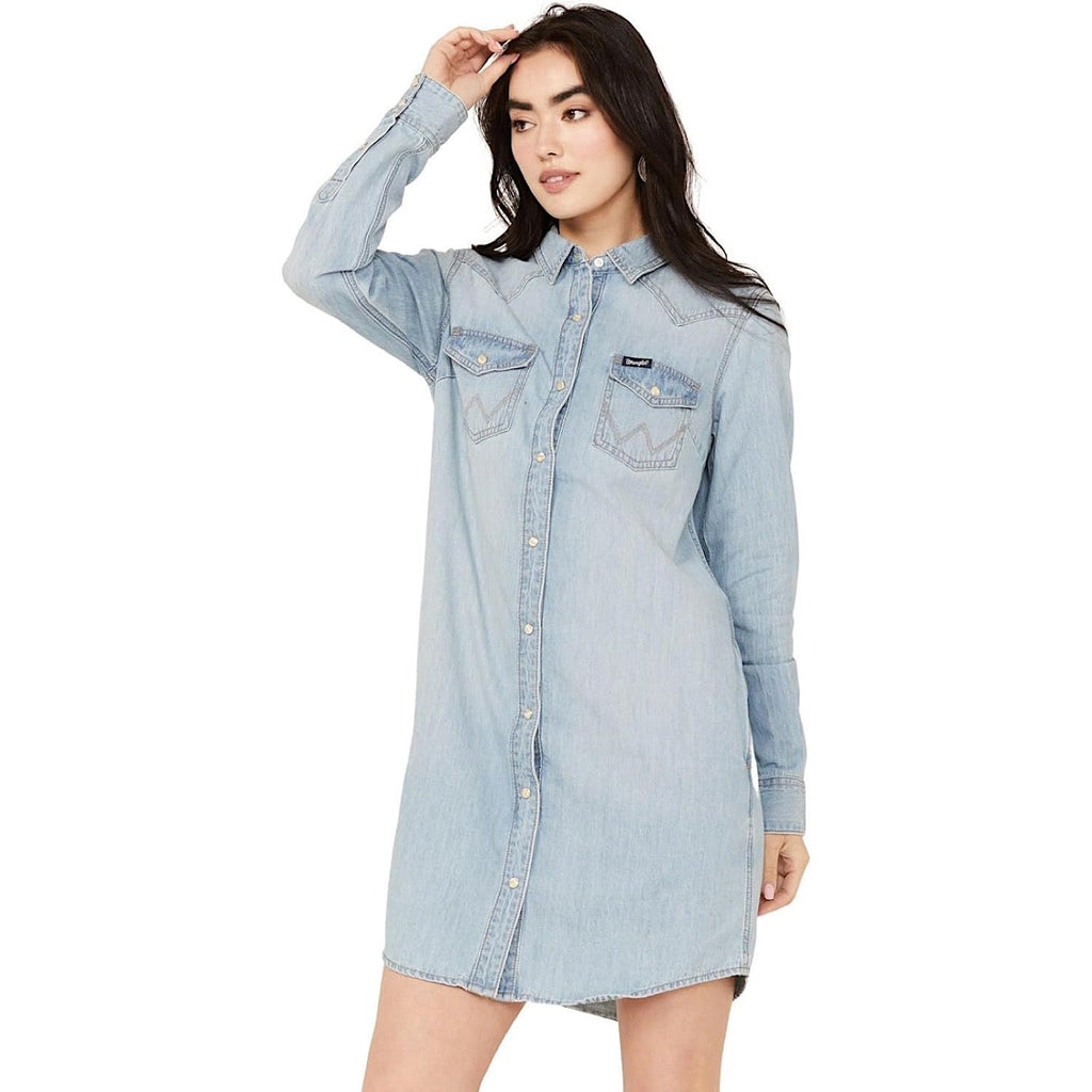Buy Wrangler Womens Western Snap Front Denim Shirt Dress in Light Blue ...